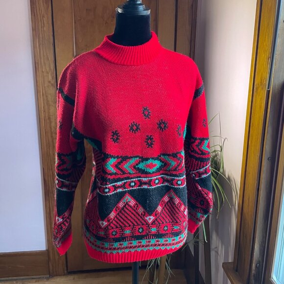 Burlington | Sweaters | Vintage 8s Red Southwest Geometric Holiday ...